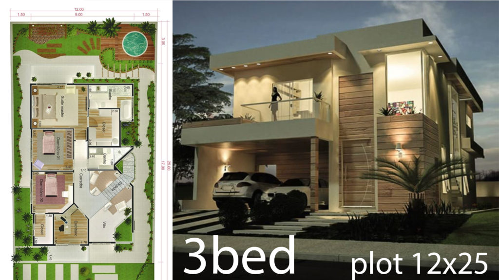 3 Bedrooms Home Design 12x25 meters - Home Ideas