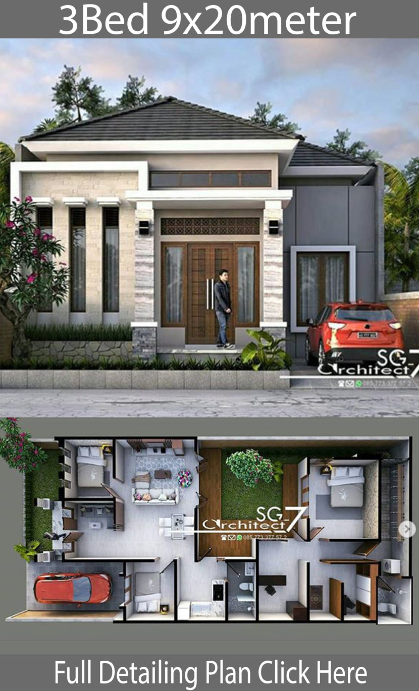 3 Bedrooms Home design plan 9x20m - Home Ideas