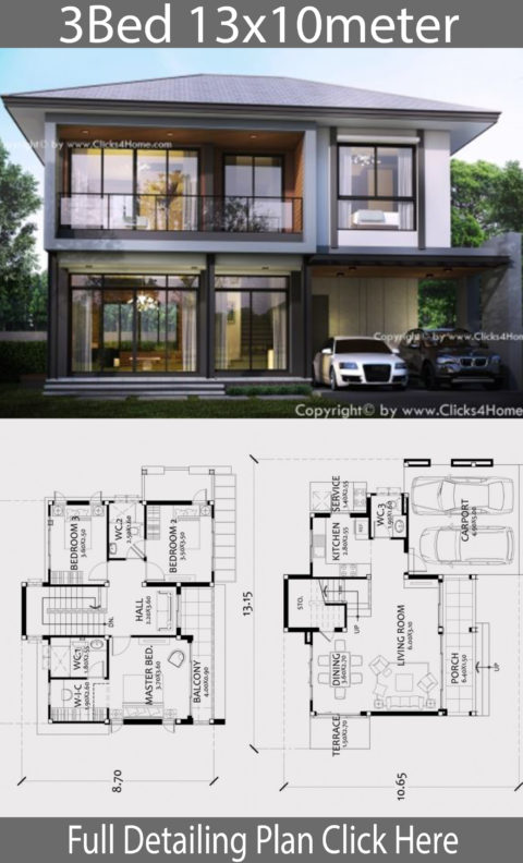 Home design Plan 13x10m with 3 bedrooms - Home Ideas