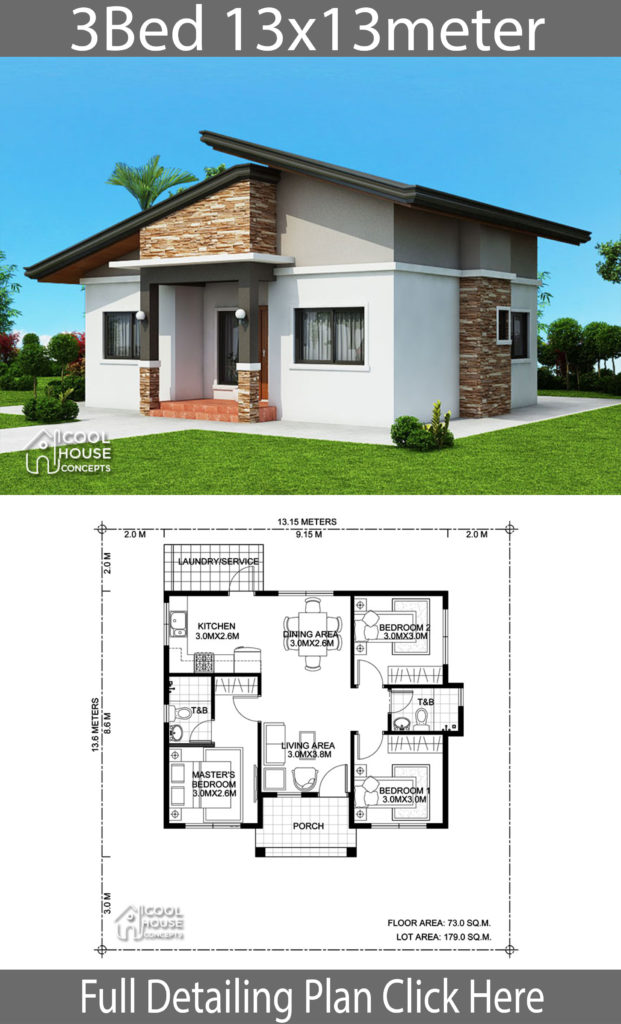 Home design Plan 13x13m with 3 bedrooms - Home Ideas
