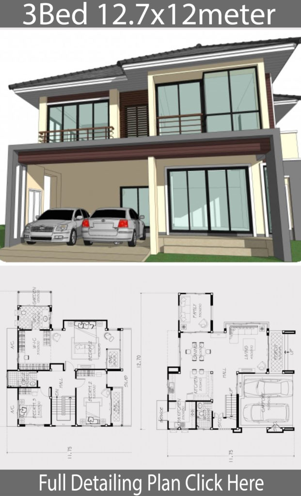 Home design plan 12.7x12m with 3 bedrooms - Home Ideas