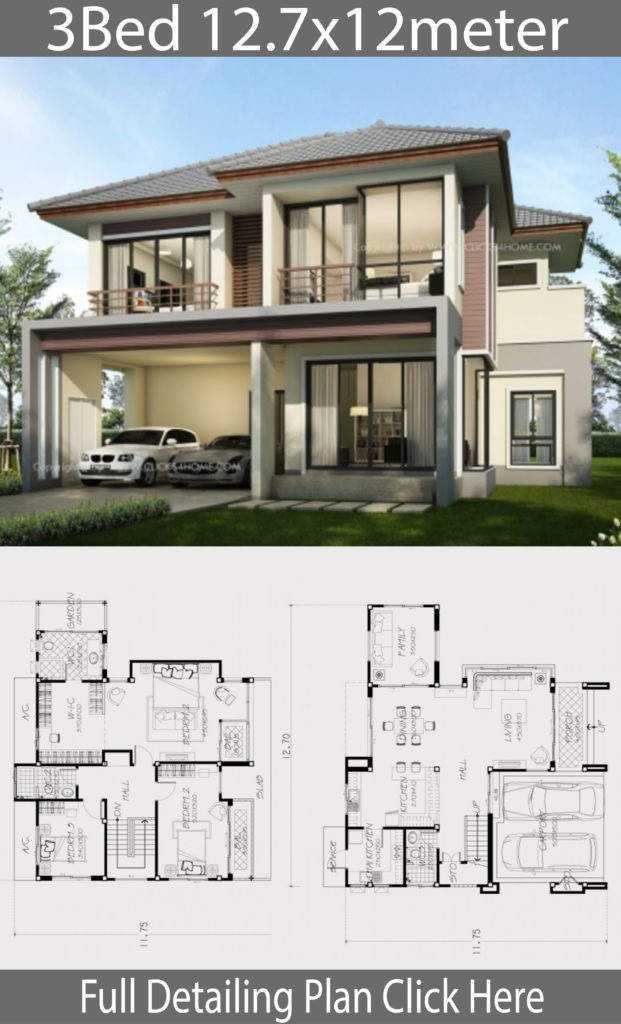 Home design plan 12.7x12m with 3 bedrooms - Home Ideas