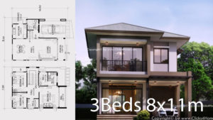 Home design plan 8x11m with 3 bedrooms - Home Ideas