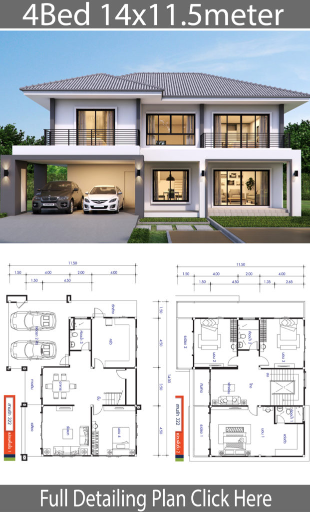 House design plan 14x11.5m with 4 bedrooms - Home Ideas