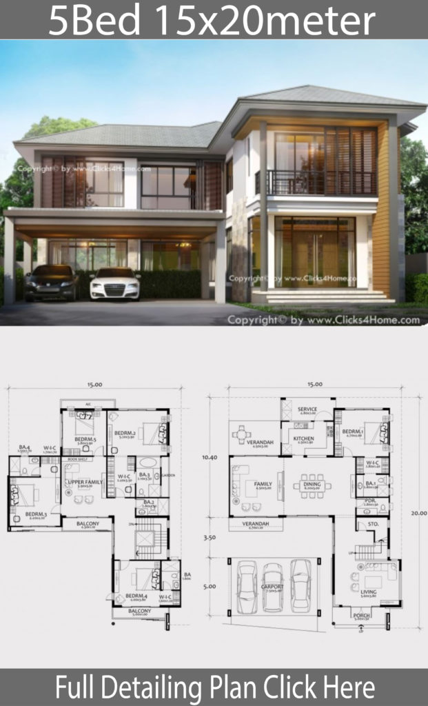 Home design plan 15x20m with 5 bedrooms - Home Ideas