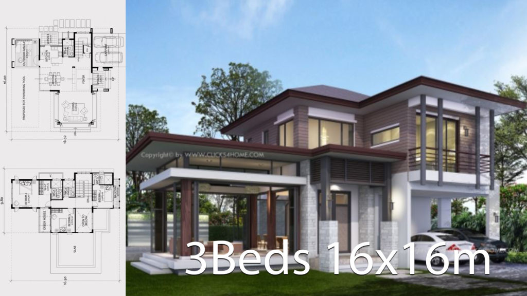 Home design plan 16x16m with 3 bedrooms - Home Ideas
