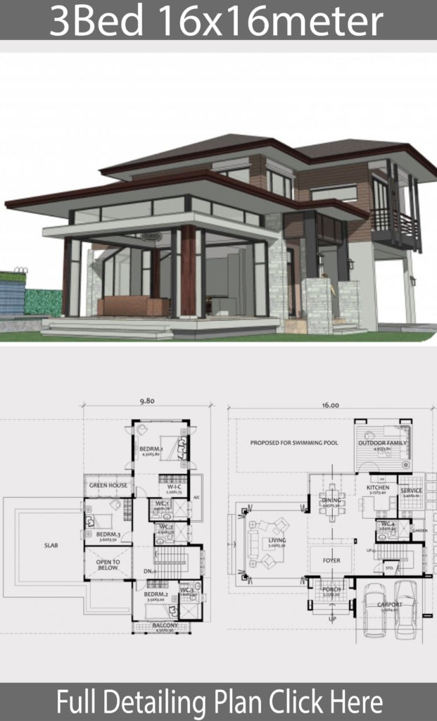 Home design plan 16x16m with 3 bedrooms - Home Ideas