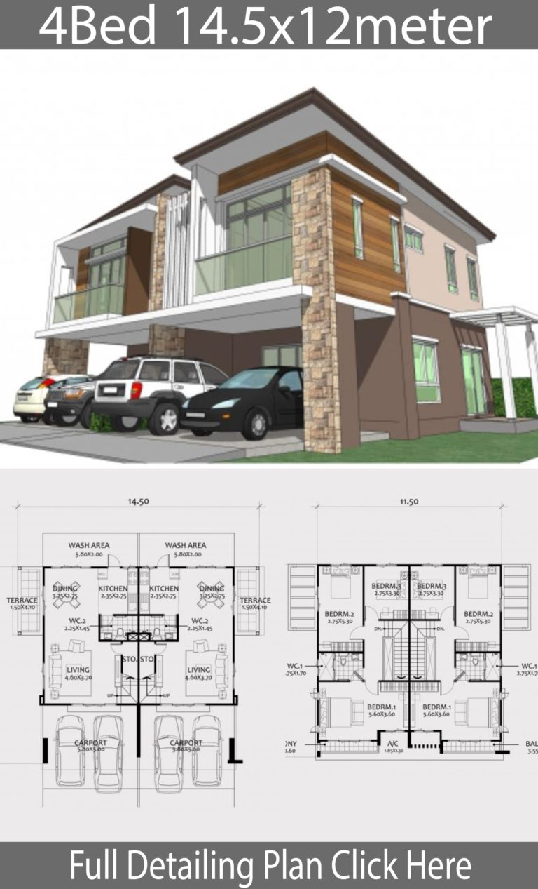Twin house design plan 14.5x12m with 6 bedrooms - Home Ideas