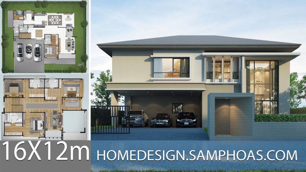 Home design plans 16x12m with 4 bedrooms - Home Ideas