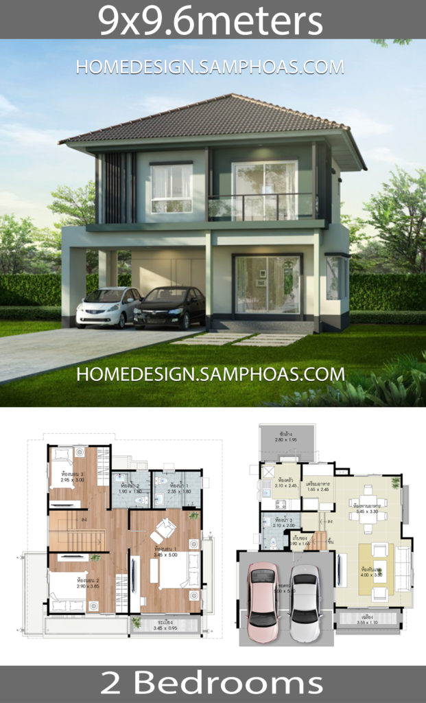 House design Plans 9x9.6m with 3 bedrooms - Home Ideas