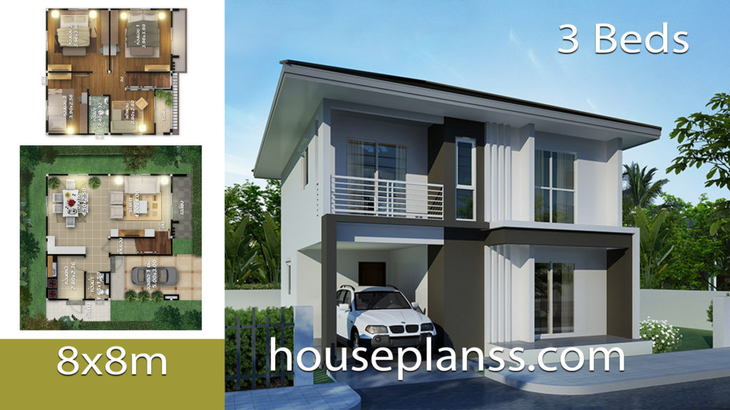 House design plans idea 8x8 with 3 Bedrooms - Home Ideas